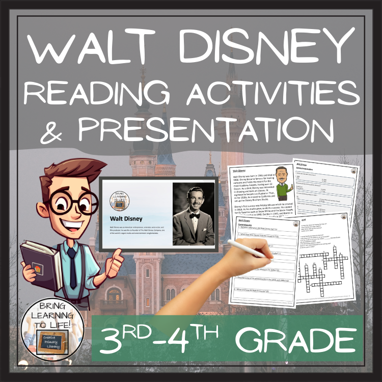 Walt Disney Close Reading Comprehension Activities | 3rd Grade & 4th G ...