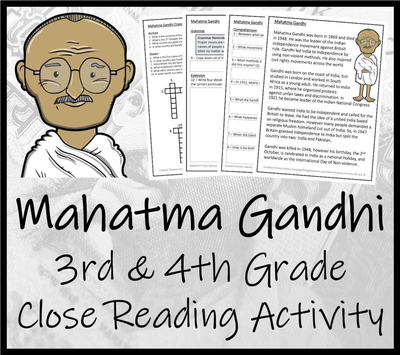 Mahatma Gandhi Close Reading Comprehension Activity | 3rd Grade & 4th ...
