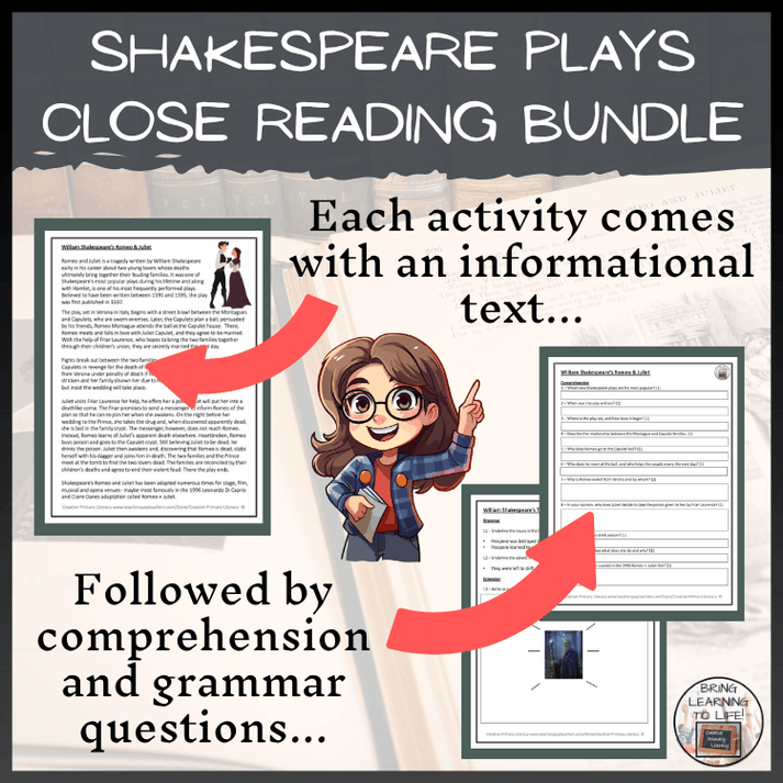 Shakespeare's Plays Close Reading Comprehension Bundle | 5th & 6th Gra ...