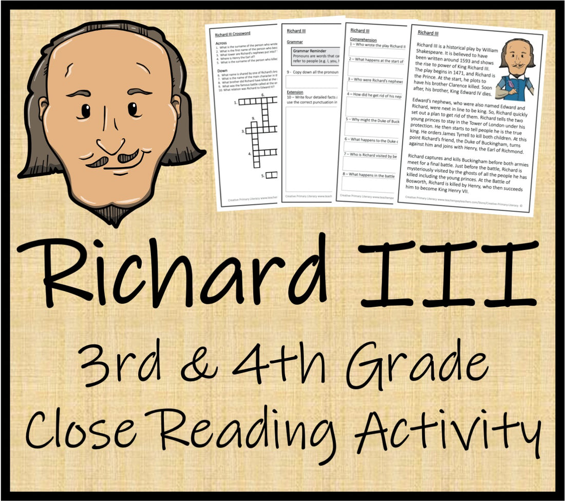 William Shakespeare's Richard III Close Reading Comprehension | 3rd ...