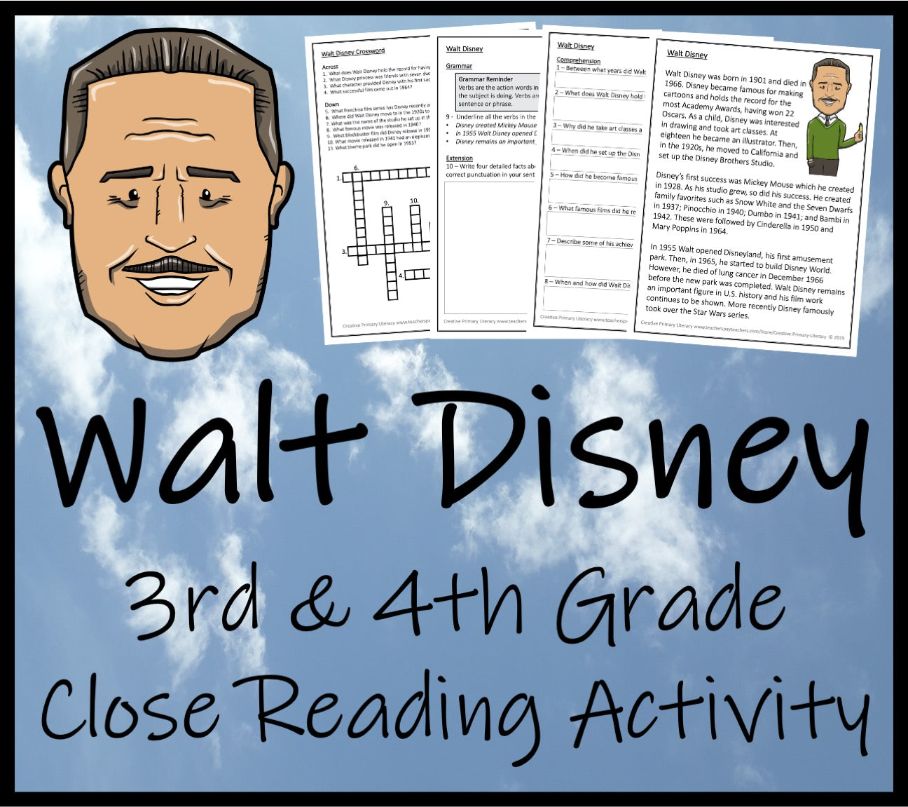 Walt Disney Close Reading Comprehension Activity | 3rd Grade & 4th Gra ...