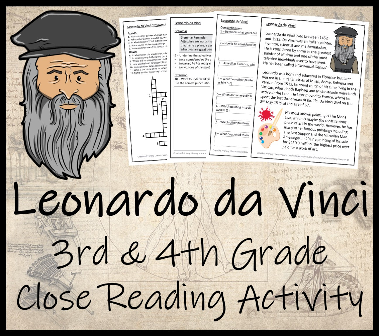 Leonardo da Vinci Close Reading Comprehension Activity | 3rd Grade & 4 ...