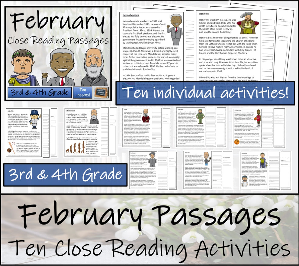 February Close Reading Comprehension Passages | 3rd Grade & 4th Grade ...