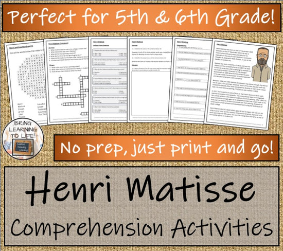 Henri Matisse Close Reading Comprehension Activities | 5th Grade & 6th ...
