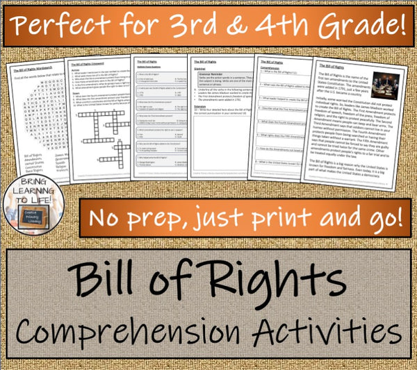 Bill of Rights Close Reading Comprehension Activities | 3rd Grade & 4t ...