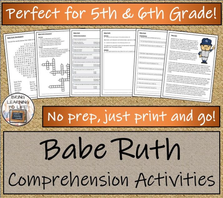 Babe Ruth Close Reading Comprehension Activities | 5th Grade & 6th Gra ...