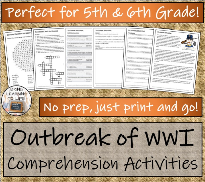 Outbreak of World War I Close Reading Comprehension Activities | 5th ...