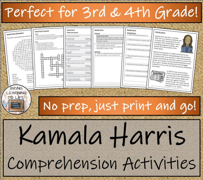 Kamala Harris Close Reading Comprehension Activities | 3rd Grade & 4th ...