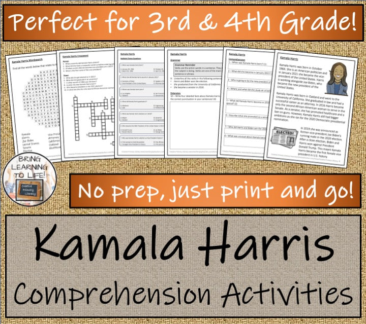 Kamala Harris Close Reading Comprehension Activities | 3rd Grade & 4th ...