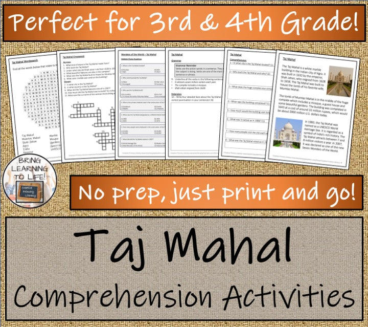 Taj Mahal Close Reading Comprehension Activities | 3rd Grade & 4th Gra ...