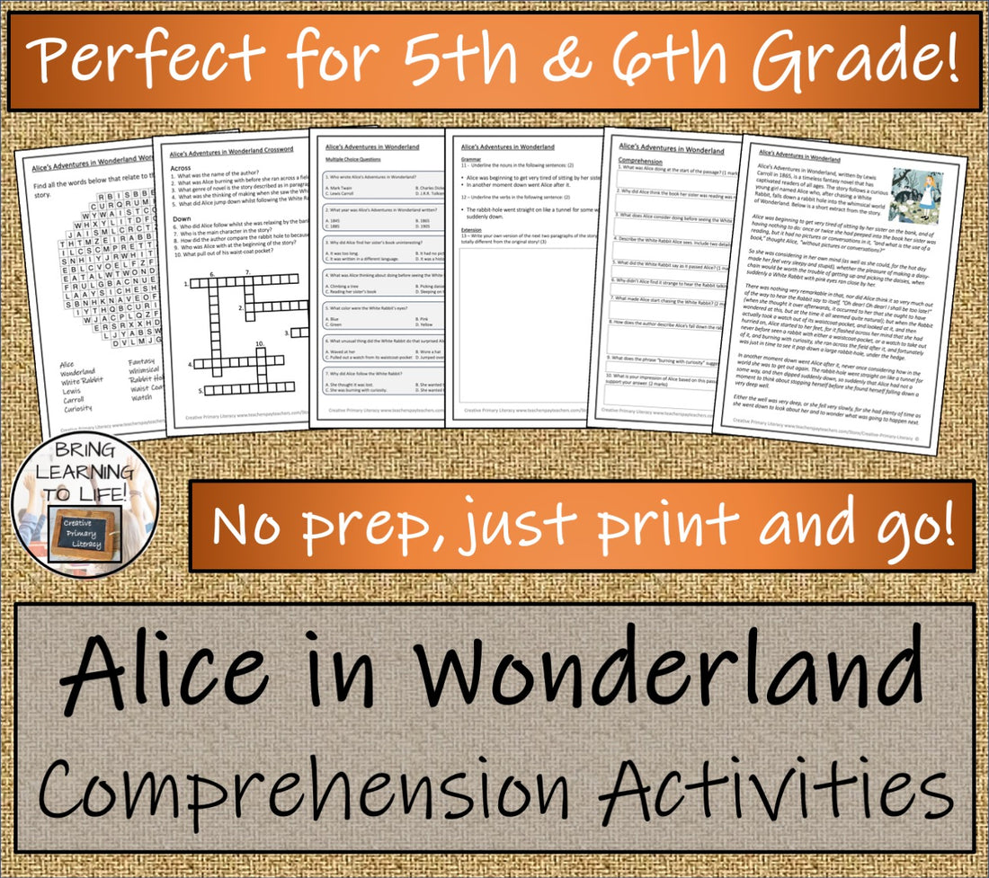 Alice in Wonderland Fiction Reading Comprehension | 5th & 6th Grade ...