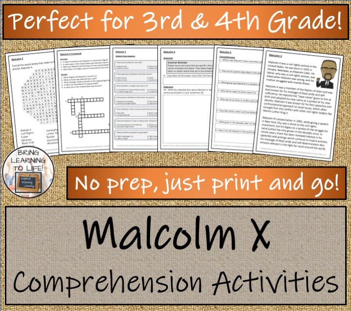 Malcolm X Close Reading Comprehension Activities | 3rd Grade & 4th Gra ...