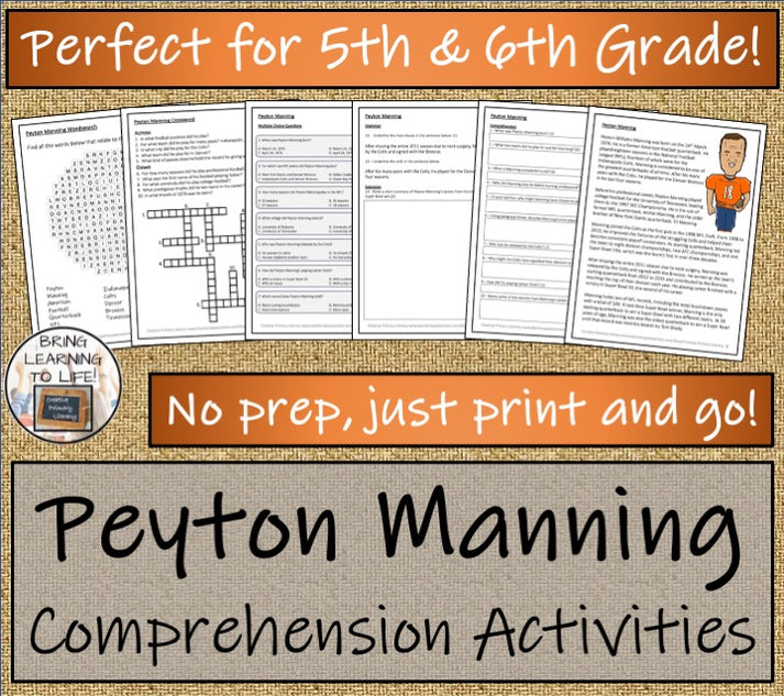 Peyton Manning Close Reading Comprehension Activities | 5th Grade & 6t ...