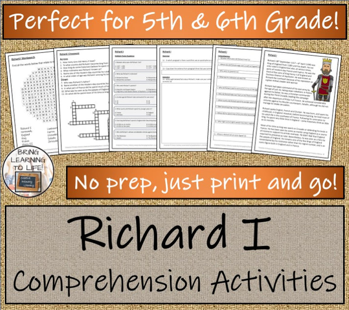 King Richard I Close Reading Comprehension Activity | 5th Grade & 6th ...