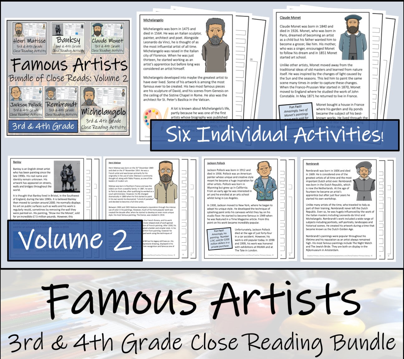Famous Artists Volume 2 Close Reading Comprehension Bundle | 3rd & 4th ...