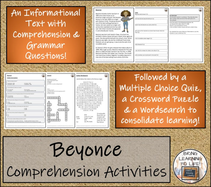 Beyonce Close Reading Comprehension Activities | 3rd Grade & 4th Grade ...
