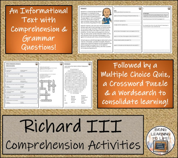 William Shakespeare's Richard III Close Reading Comprehension | 3rd ...